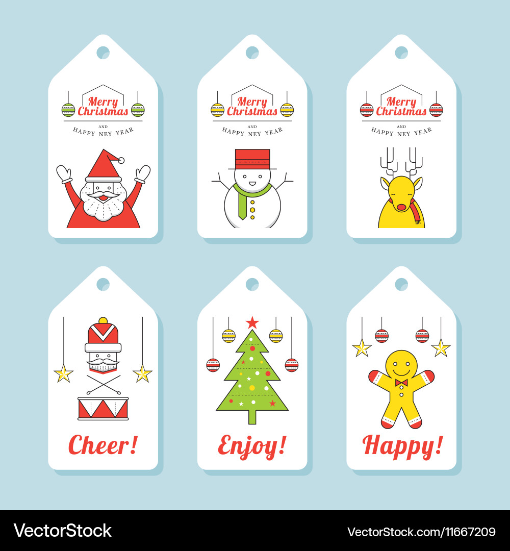 Christmas characters line design tag and label Vector Image