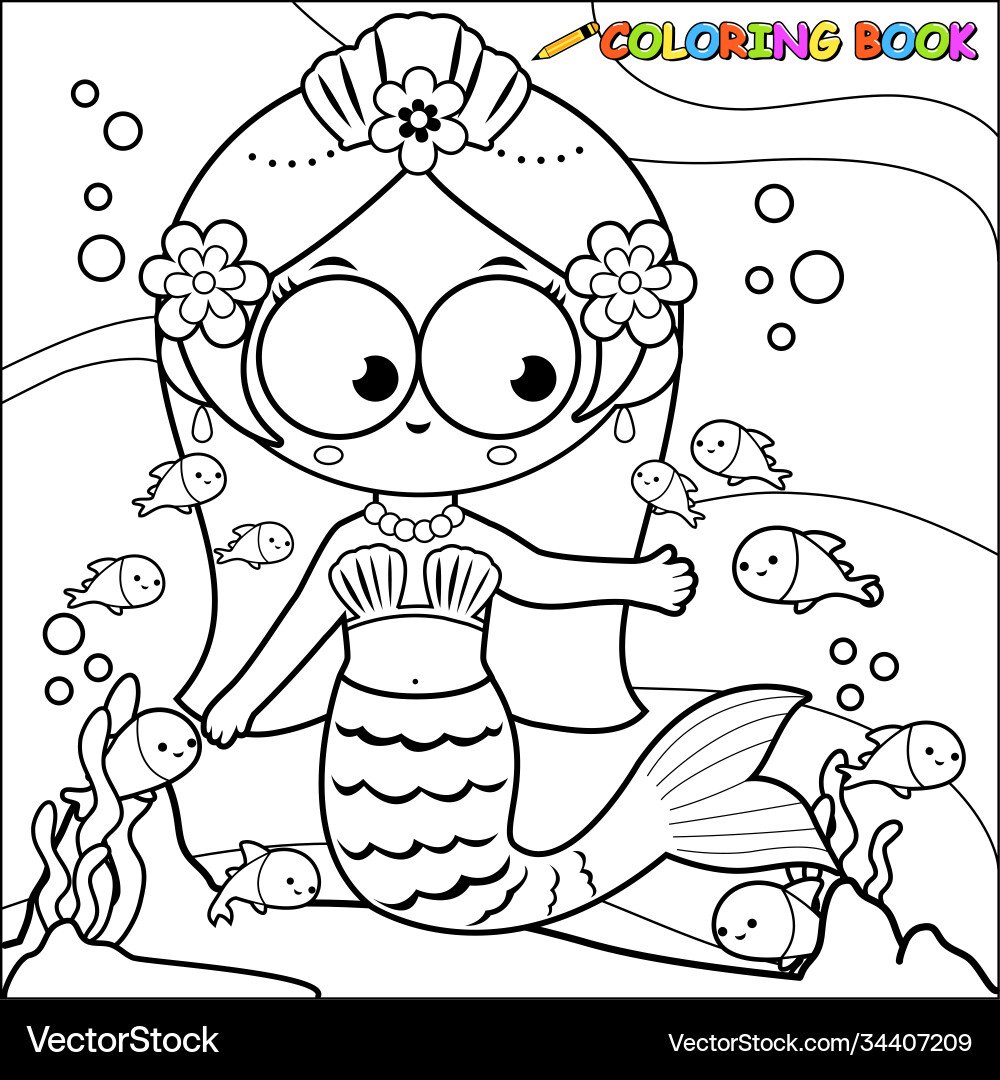 Cute Mermaid Coloring Page Royalty Free Vector Image
