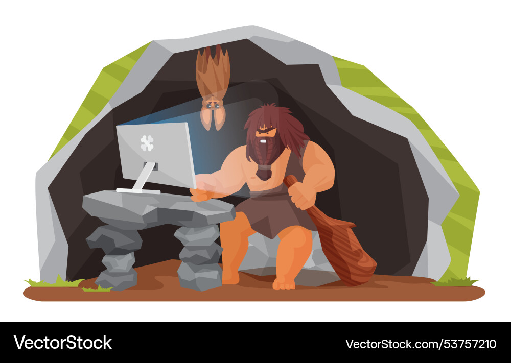 Antike Höhlenmensch mit Computer in prähistorischen