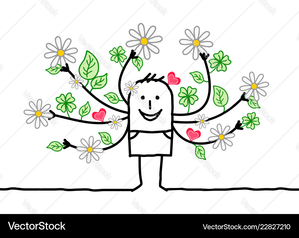 Cartoon spring man with flowering arms Royalty Free Vector