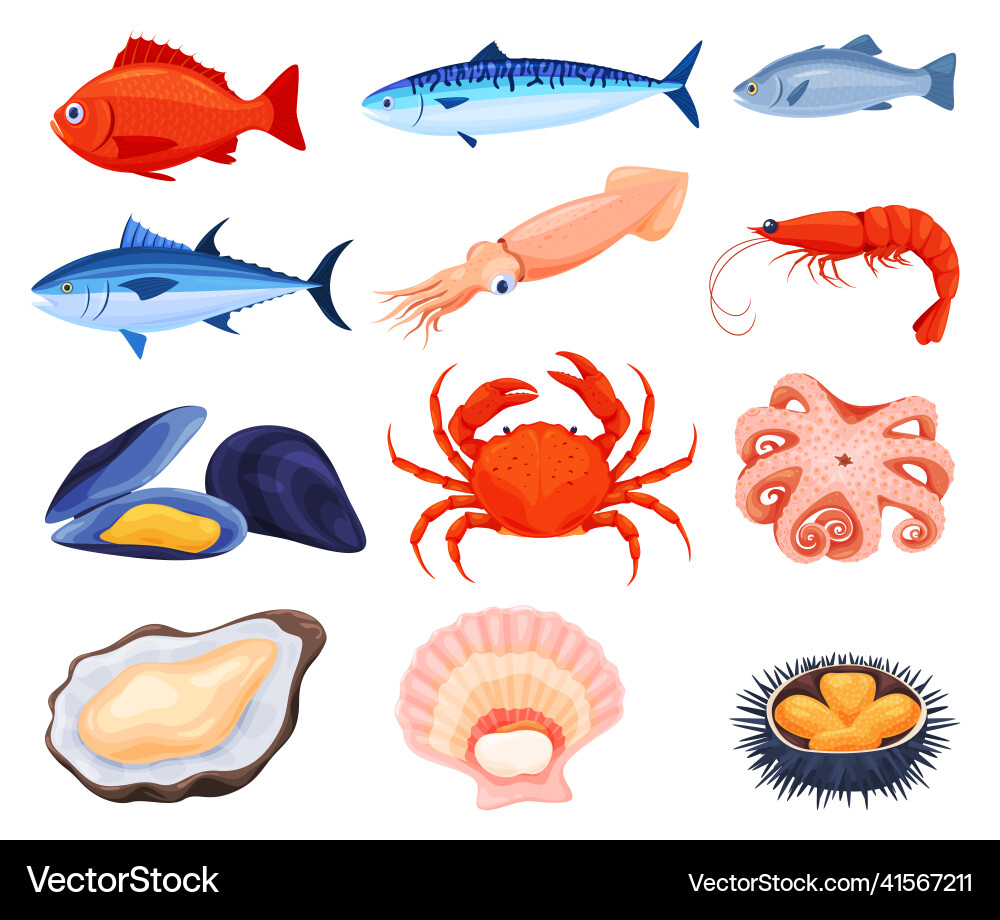 Cartoon seafood collection flat Royalty Free Vector Image