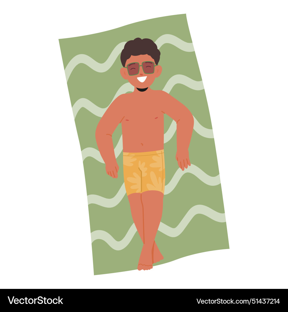 Boy smiles as he relaxes on a beach towel Vector Image