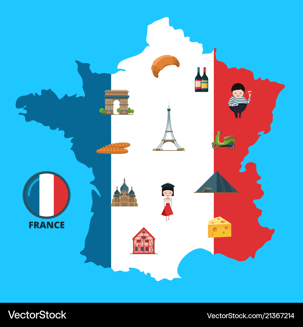 Cartoon france sights on map Royalty Free Vector Image