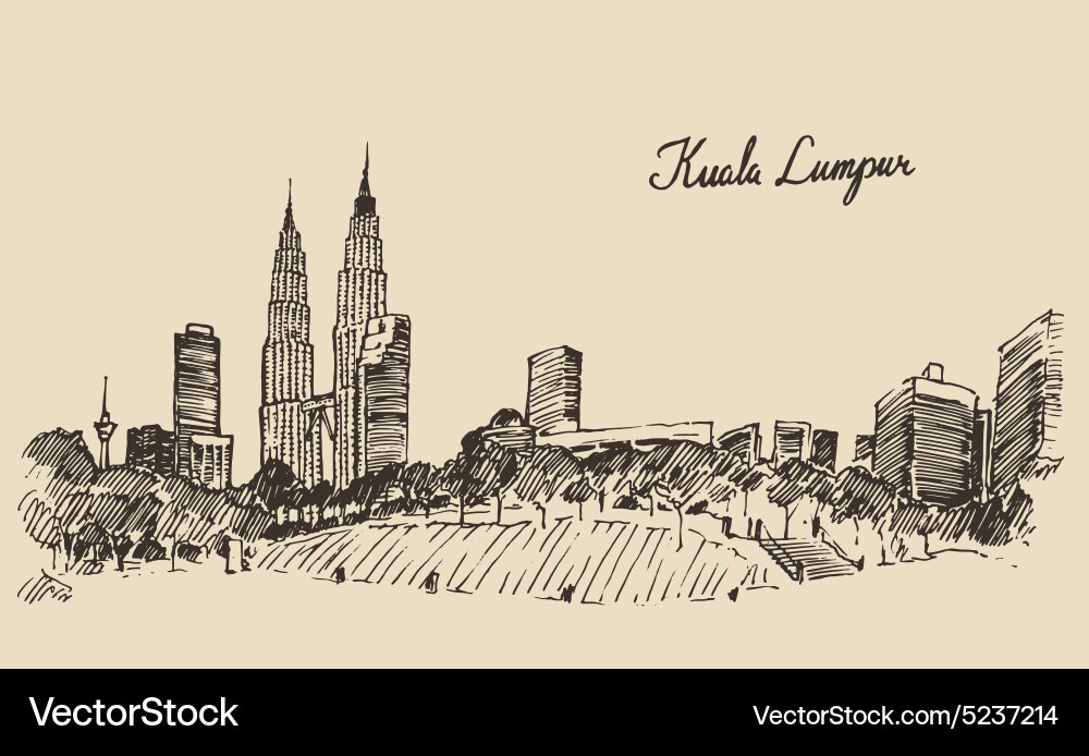 Kuala lumpur skyline engraved hand drawn sketch Vector Image