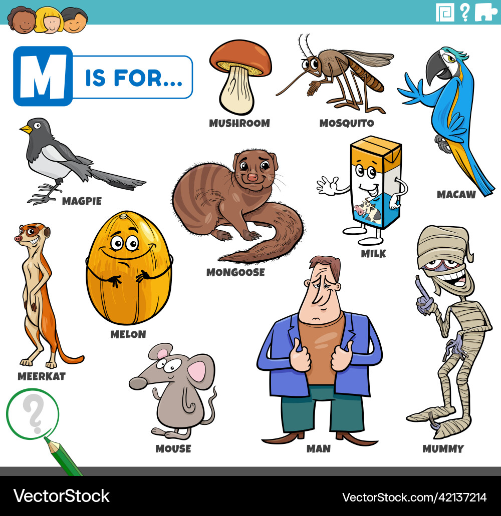 Letter m words educational set with cartoon Vector Image