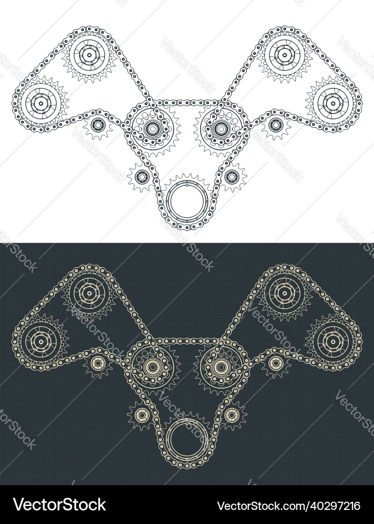 Chain drive and gears drawings Royalty Free Vector Image