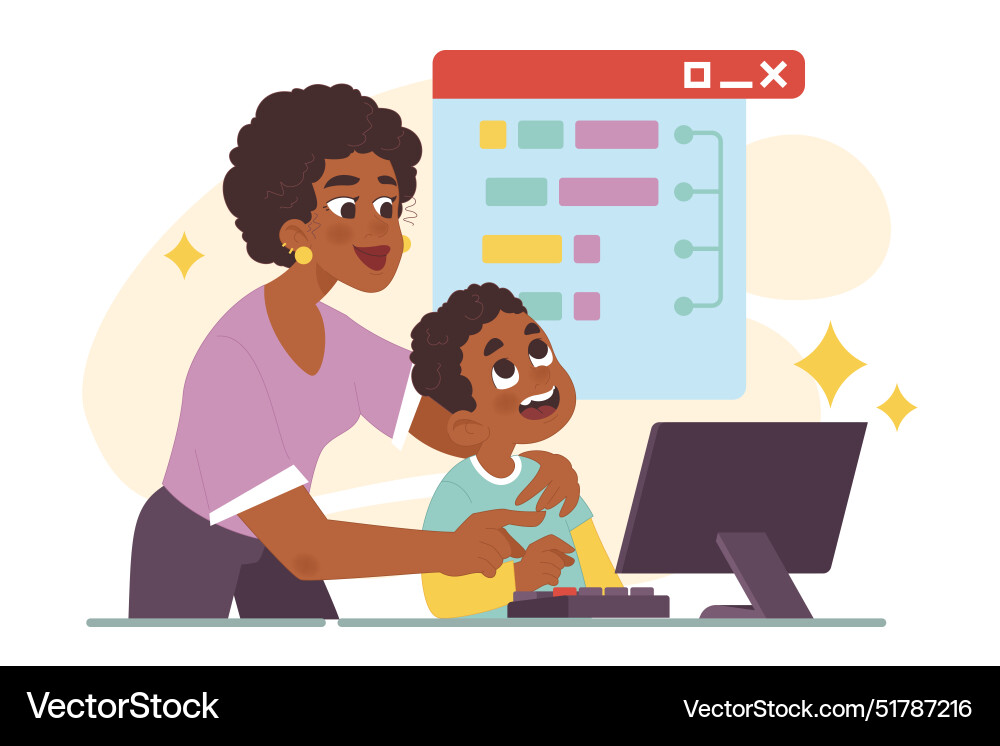 Computer science class for kids little black boy Vector Image