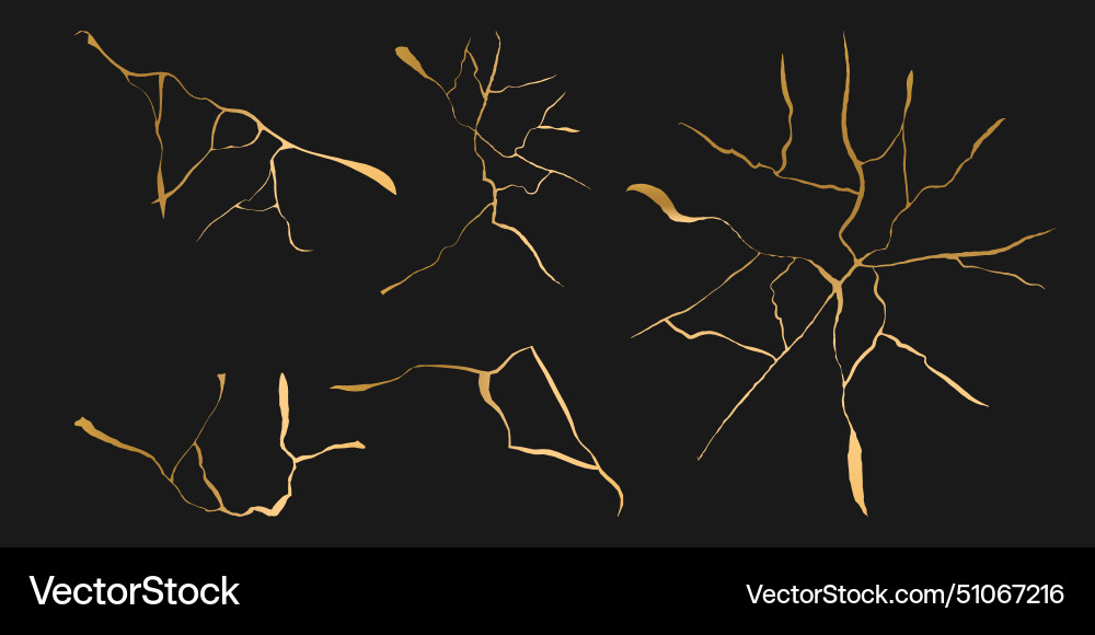 Gold kintsugi crack isolated elements on Vector Image