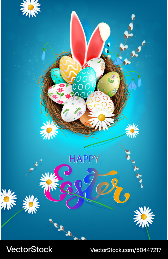 Easter blue composition nest with eggs and bunny Vector Image