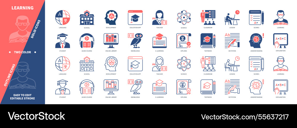Learning solid outline set Royalty Free Vector Image