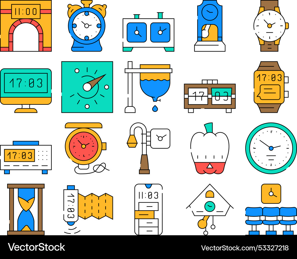 Clock and watch time equipment icons set Vector Image