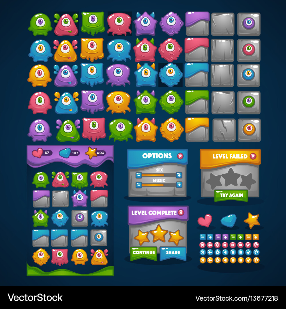 Happy monsters match 3 large cartoon Royalty Free Vector