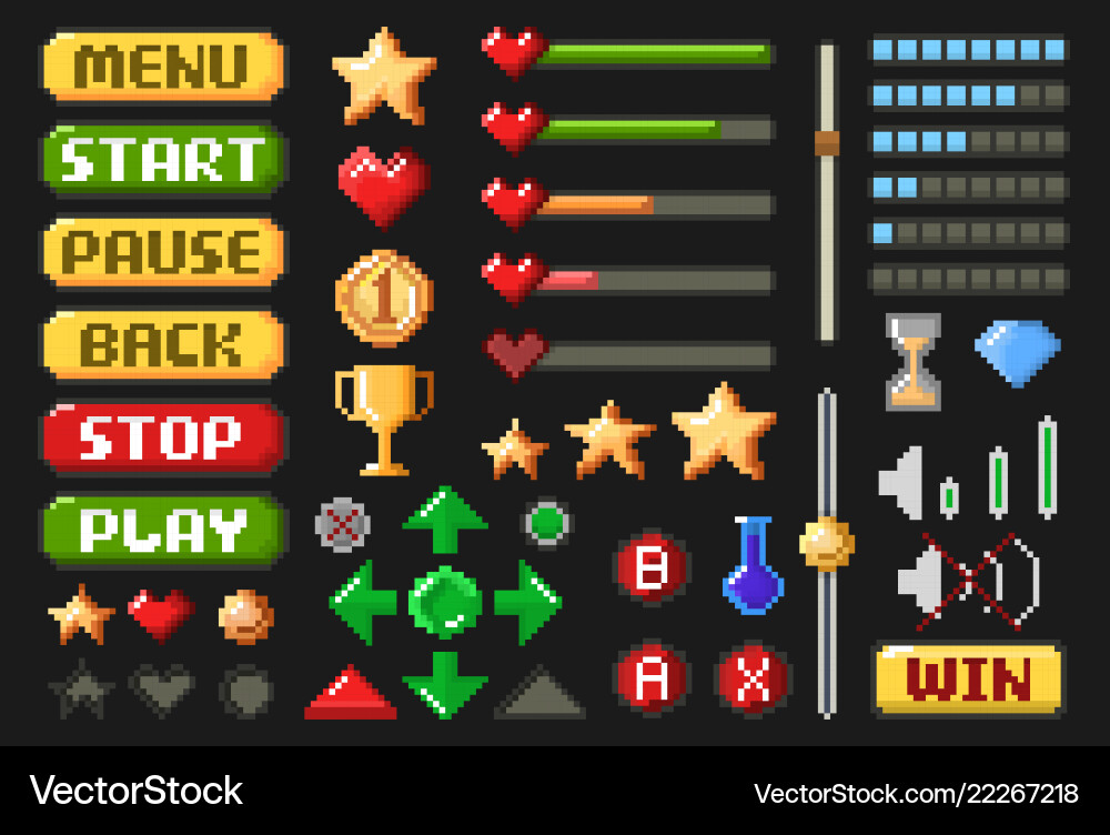 Pixel game screen element set on black Royalty Free Vector