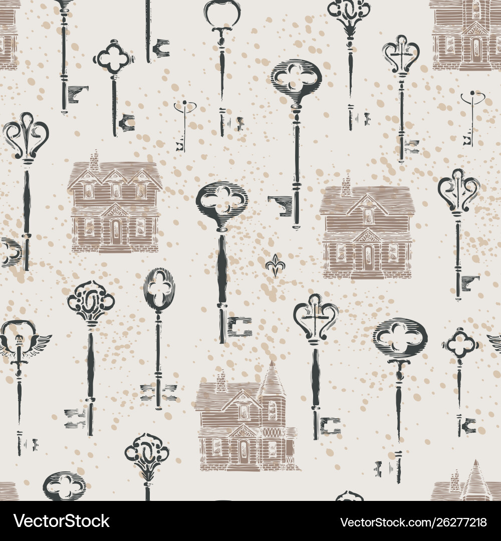 Vintage Keys & Old Houses Pattern Royalty Free Vector