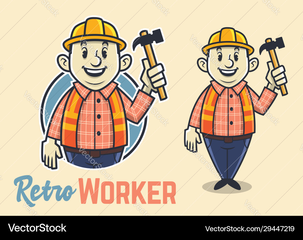 Retro fat construction worker character vintage Vector Image