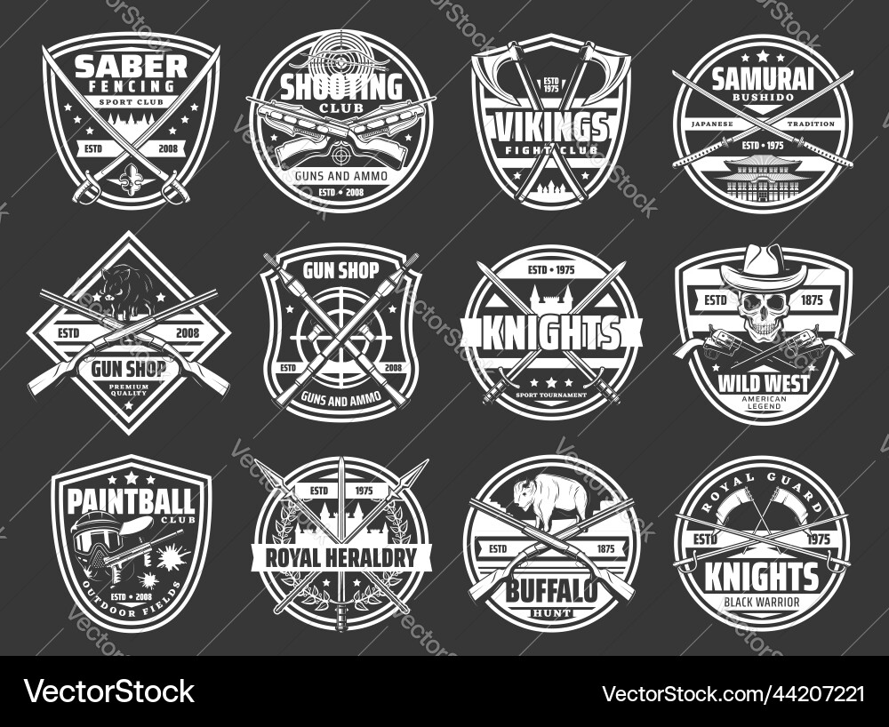Cold and firearm weapons retro icons Royalty Free Vector