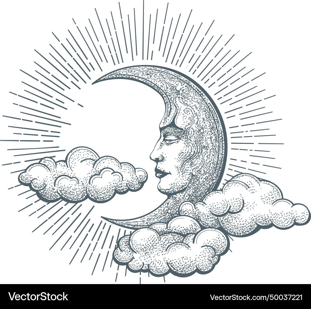 Halfmoon with human face in clouds Royalty Free Vector Image
