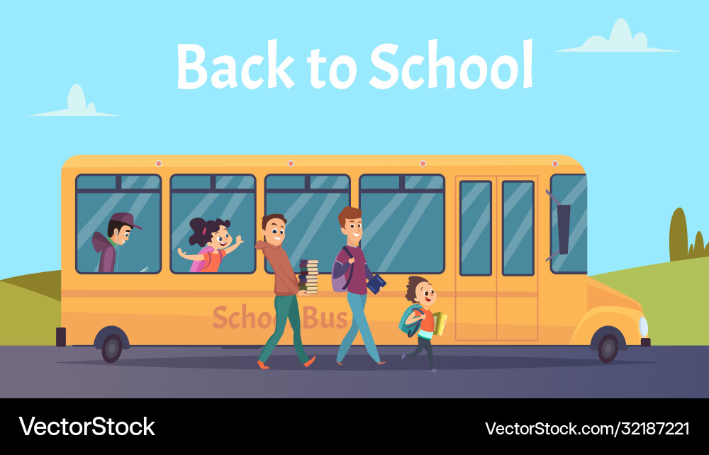 School Bus Students Happy Transportation Vector Image