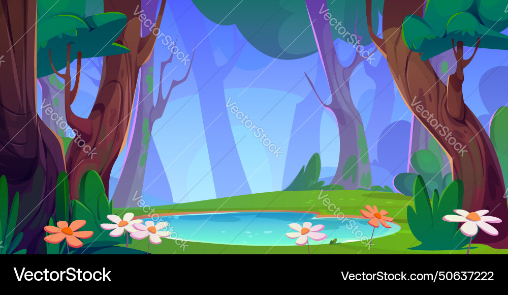 Cartoon summer forest landscape with lake Vector Image