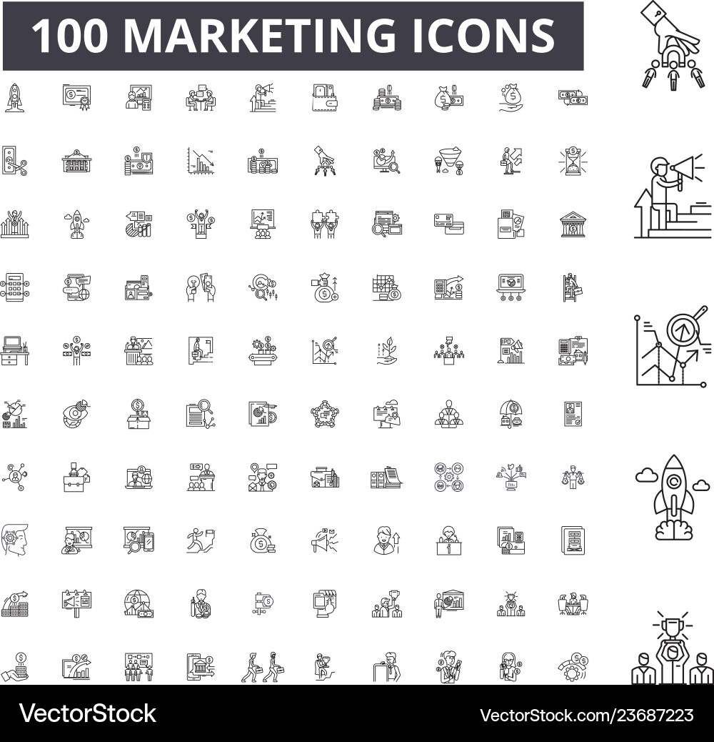 Marketing editable line icons 100 set Royalty Free Vector