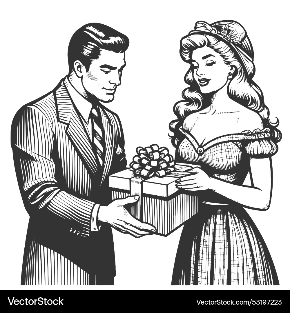 Retro couple exchanging gift Royalty Free Vector Image