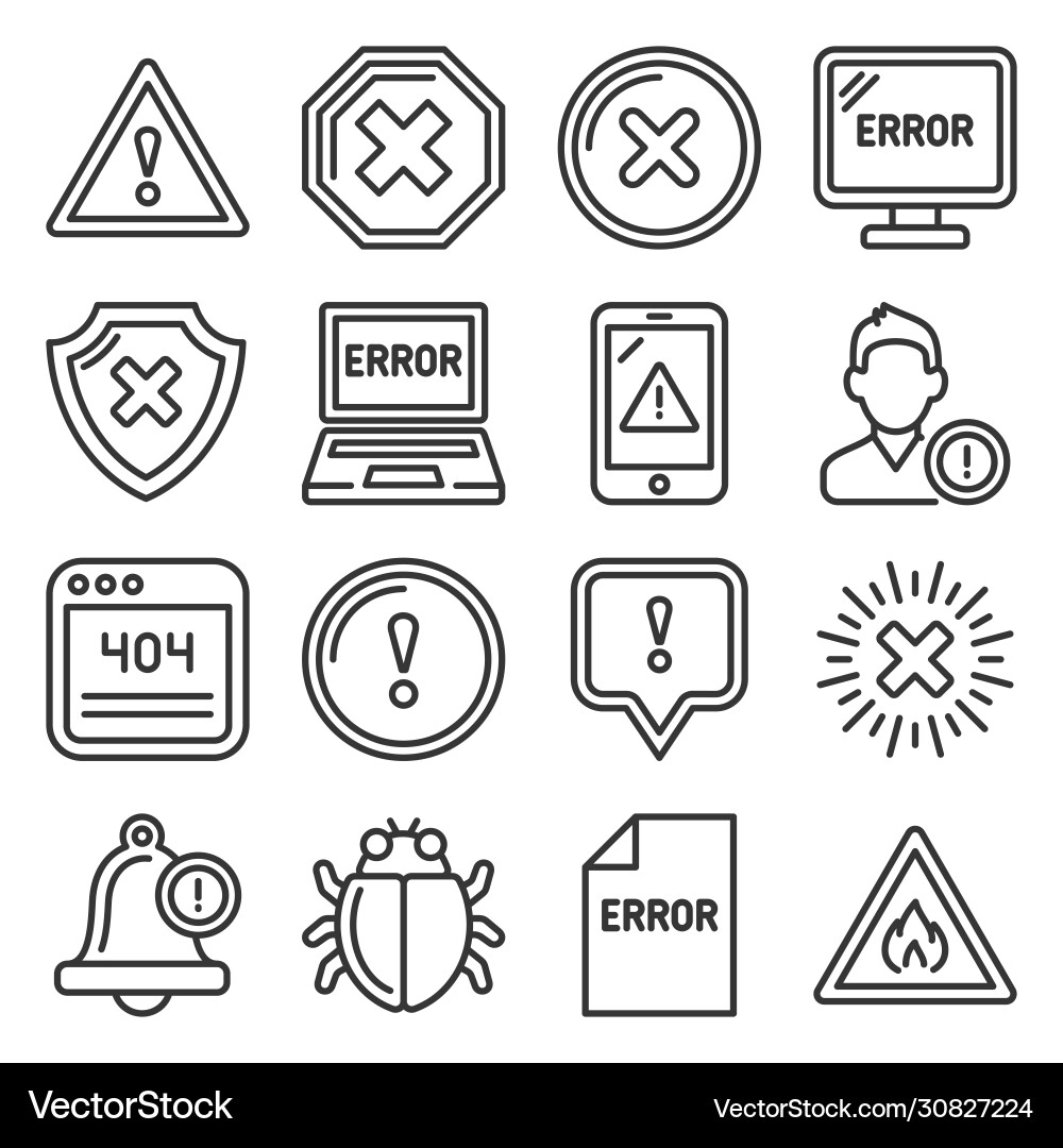 Error and warning icons set on white background Vector Image