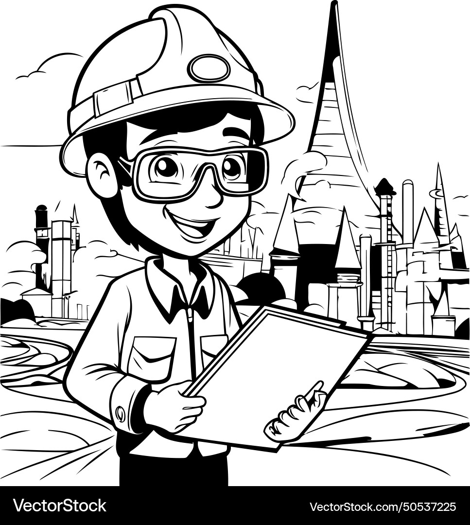 Cartoon engineer with helmet and blueprint – Royalty-Free Vector ...