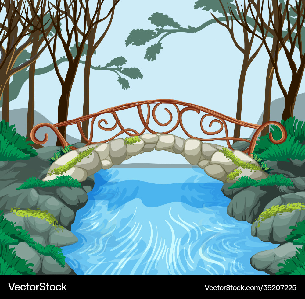 Forest scene with stone bridge cross the river Vector Image