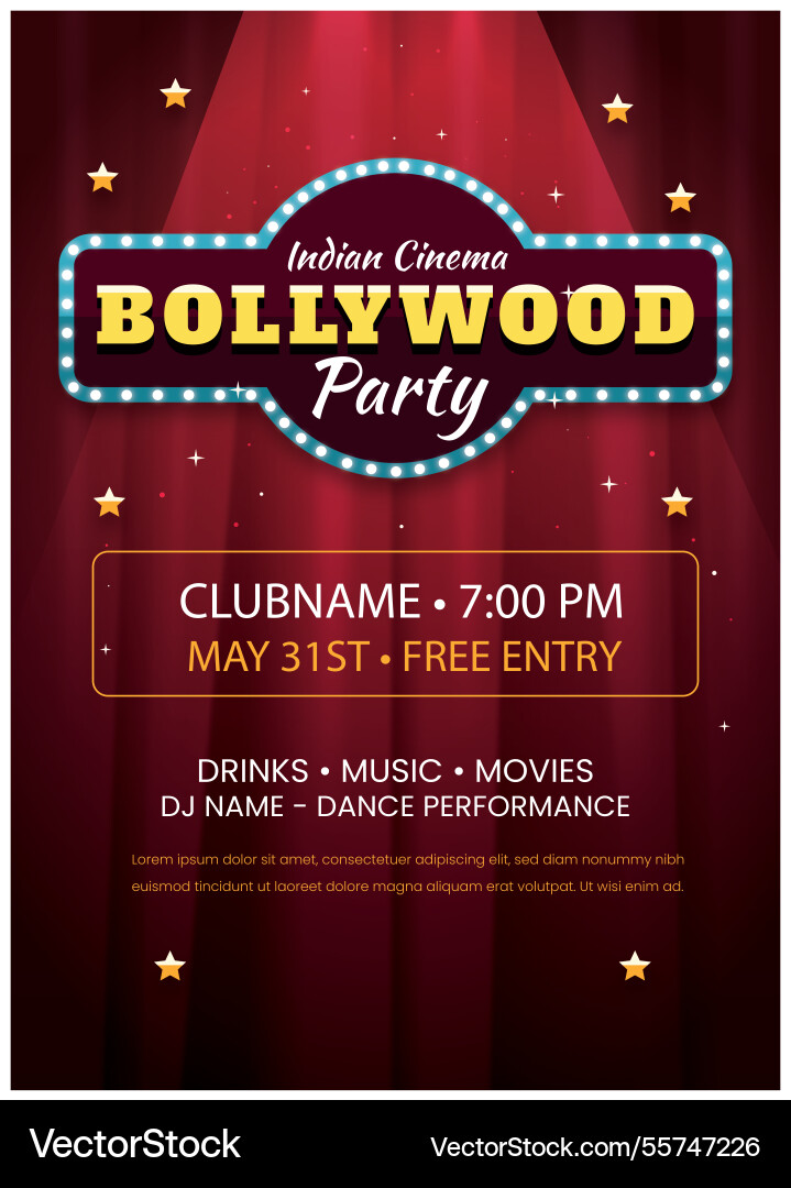 Bollywood party poster template design Royalty Free Vector