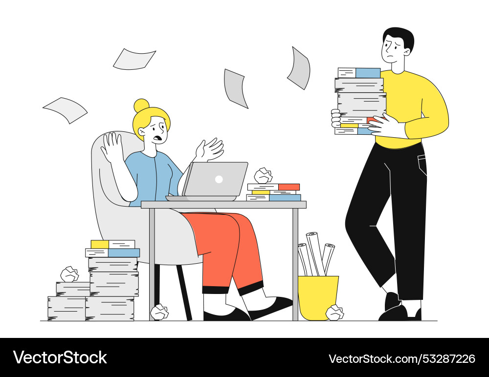 Overworked woman at work man brings stack Vector Image
