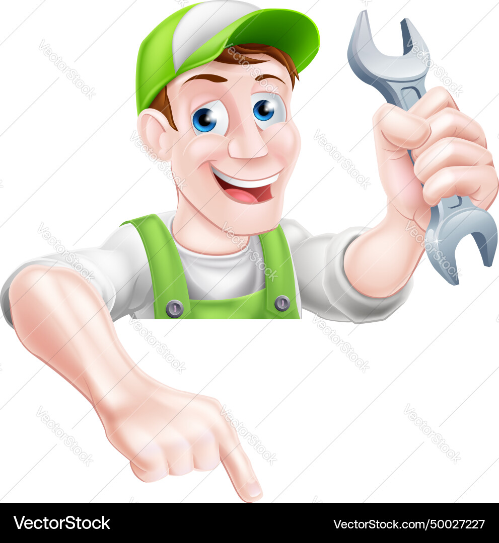 Cartoon plumber or mechanic pointing Royalty Free Vector