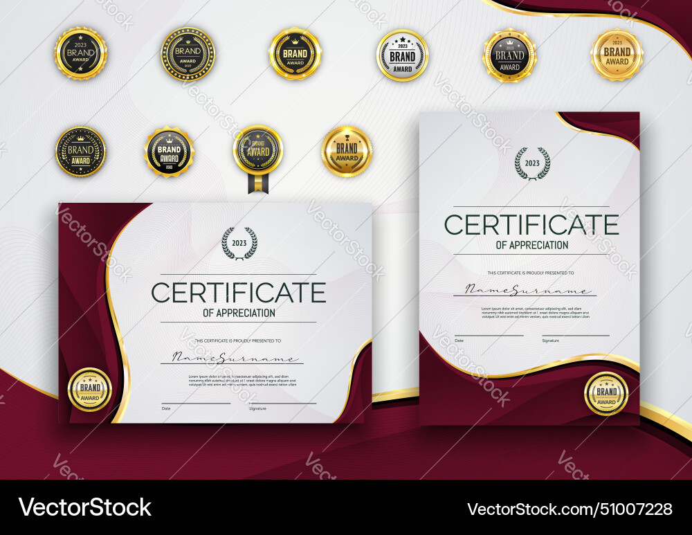 Maroon Diploma Certificate with Gold Seal Awards Vector Image