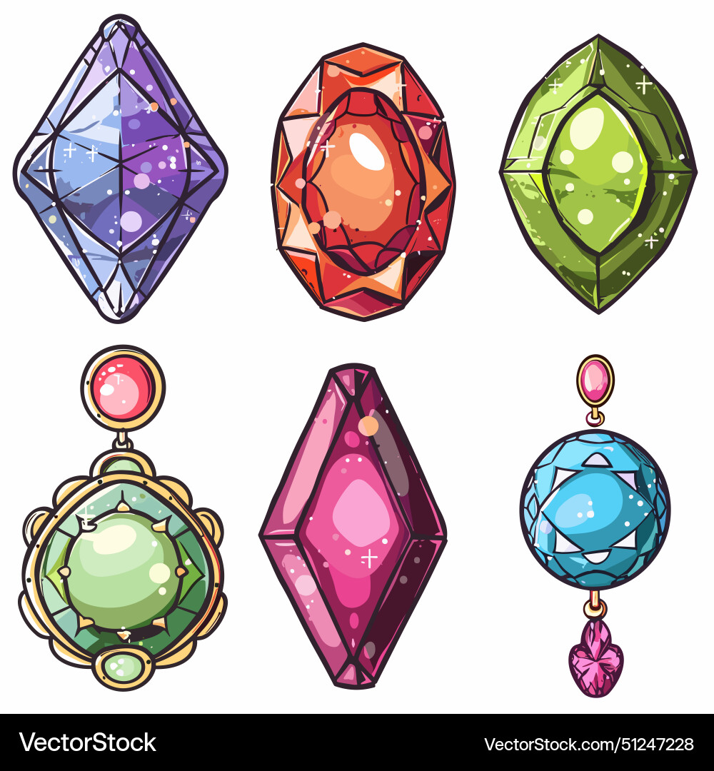 Set vibrant cartoon gems crystals various shapes Vector Image