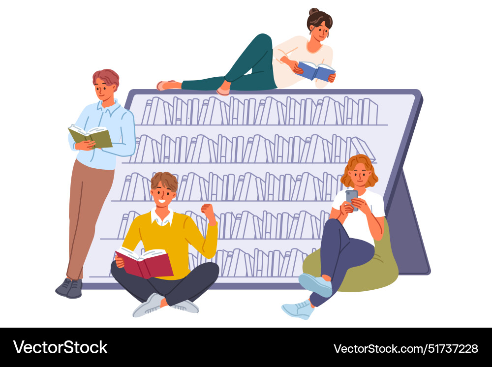 Students visiting electronic library read books Vector Image