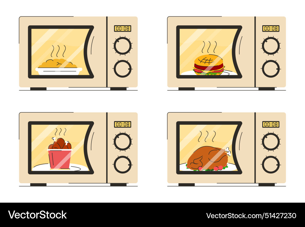Food in microwave set isolated Royalty Free Vector Image