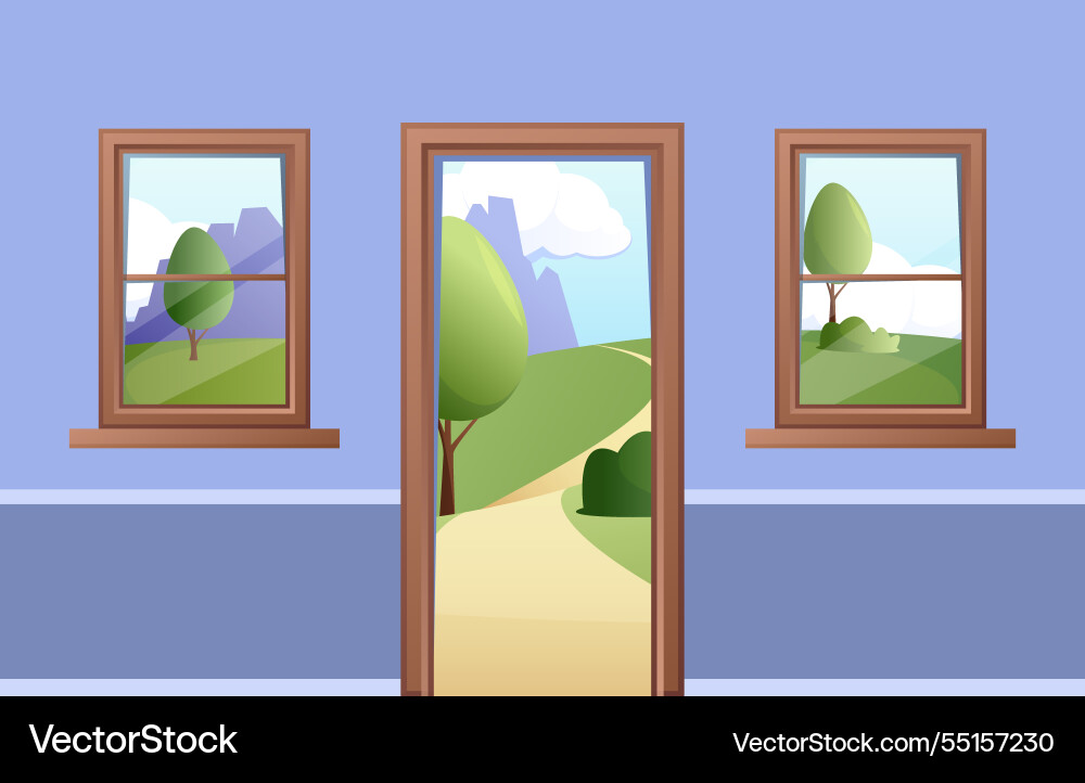 Open door and window view cartoon valley Vector Image
