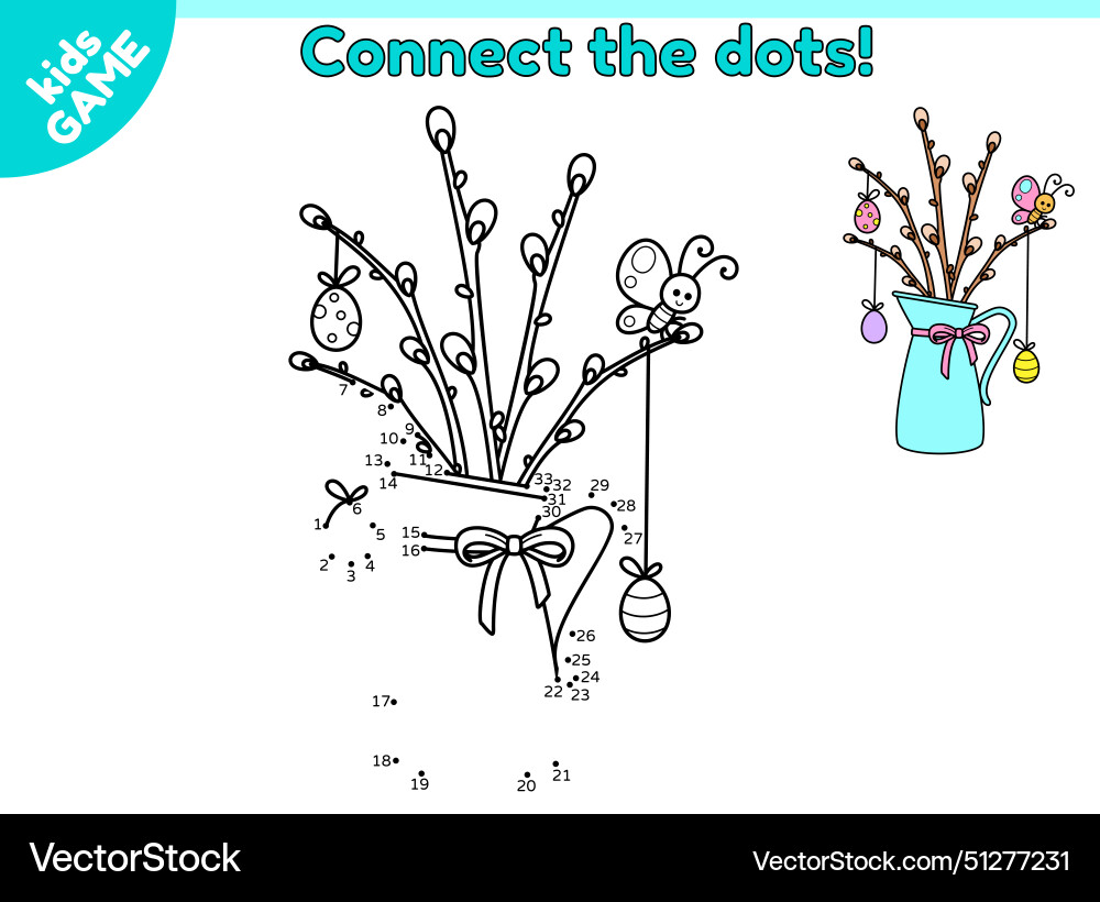 Game connect the dots and draw jug with willow Vector Image