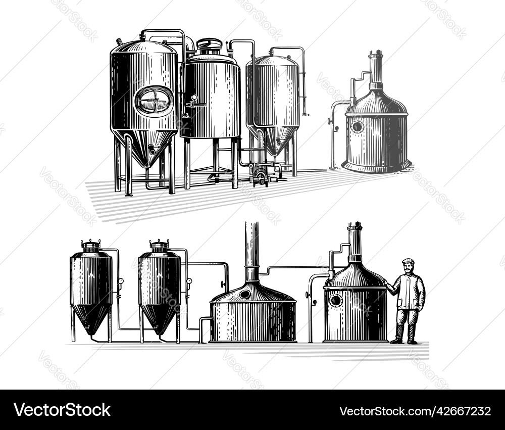 Retro Brewery Equipment - Engraved Style Vector Image