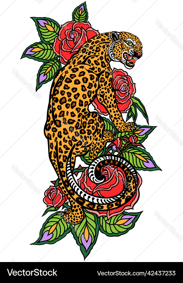 Aggressive leopard climbing up and blooming roses Vector Image