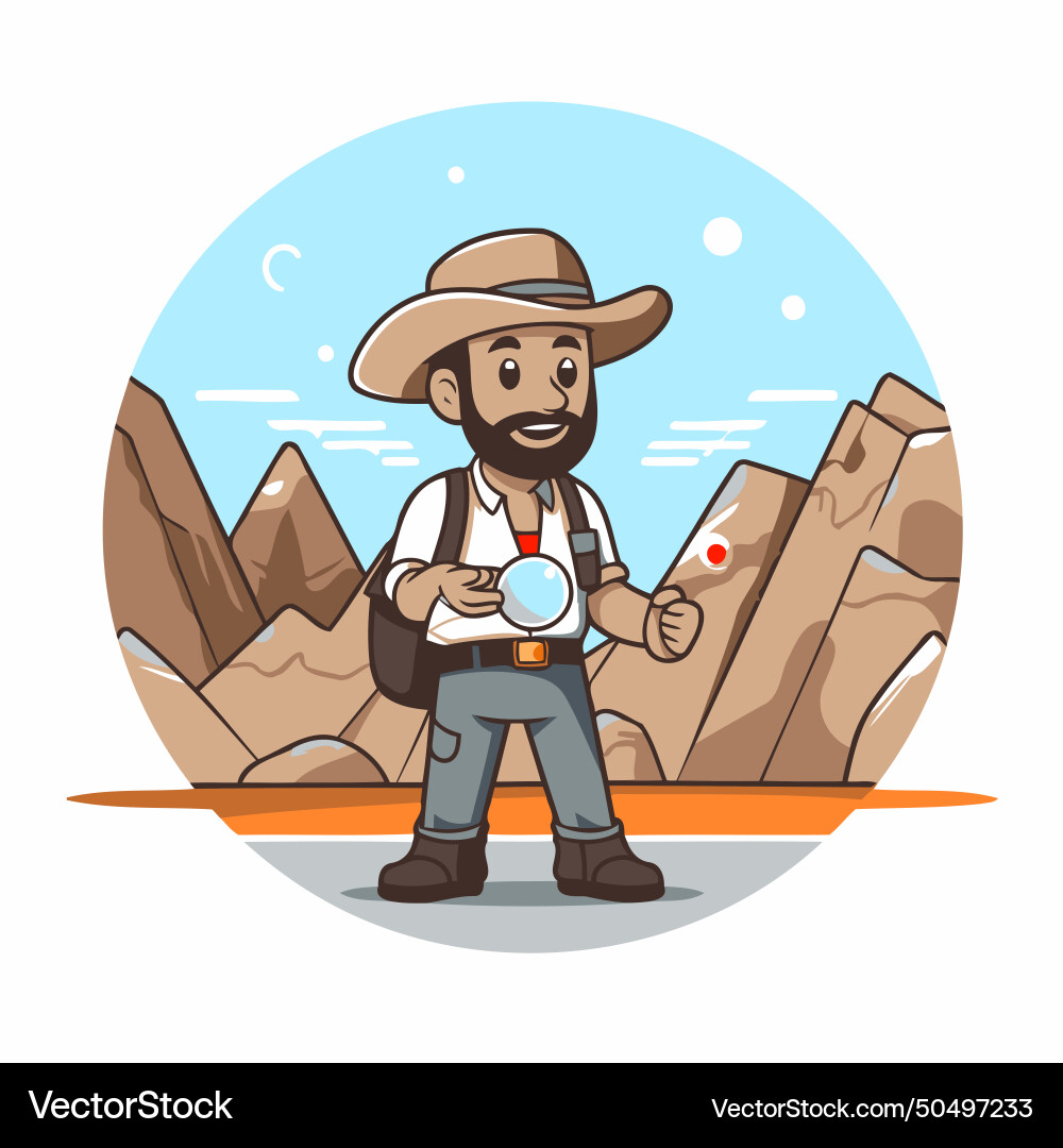 Cartoon explorer with a magnifying glass and map Vector Image