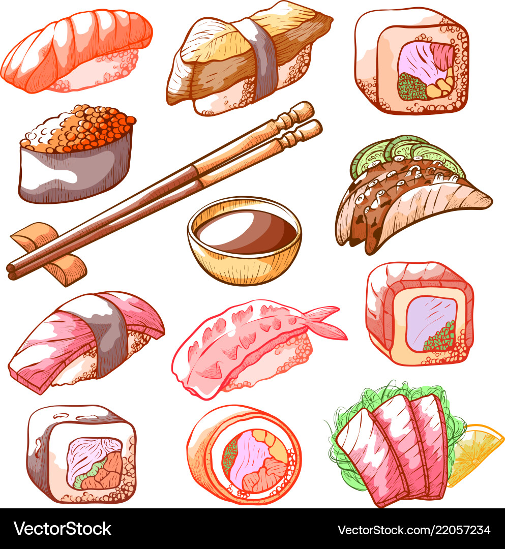 Sushi and rolls hand drawn food set Royalty Free Vector