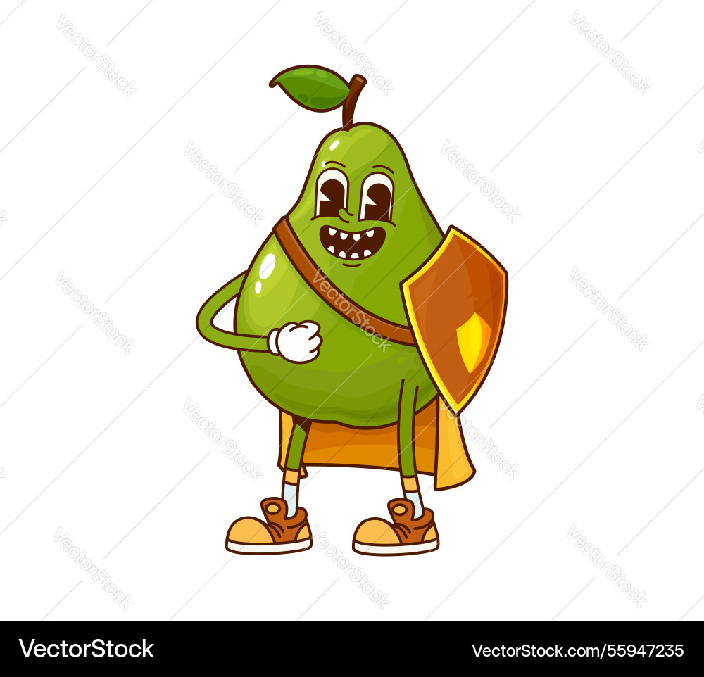 Cartoon groovy superhero pear fruit character Vector Image