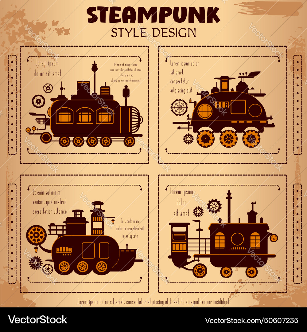 Set of steam engine machines collection Royalty Free Vector