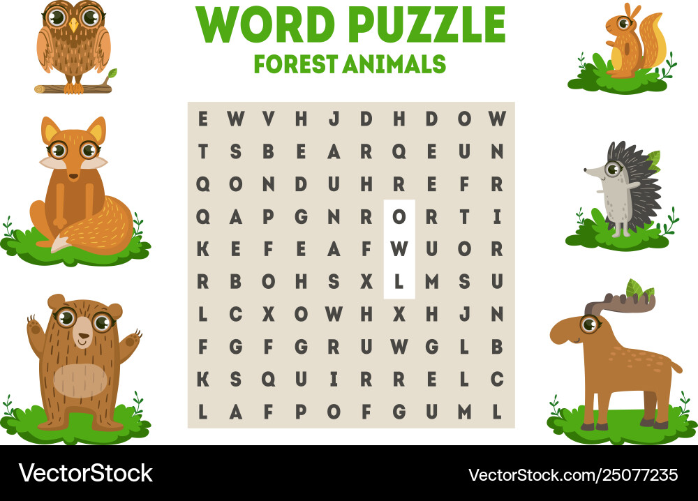 Word search puzzle with forest animals Royalty Free Vector