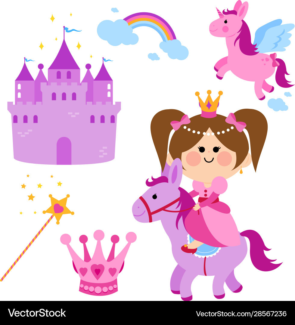 Cute princess fairy tale set Royalty Free Vector Image