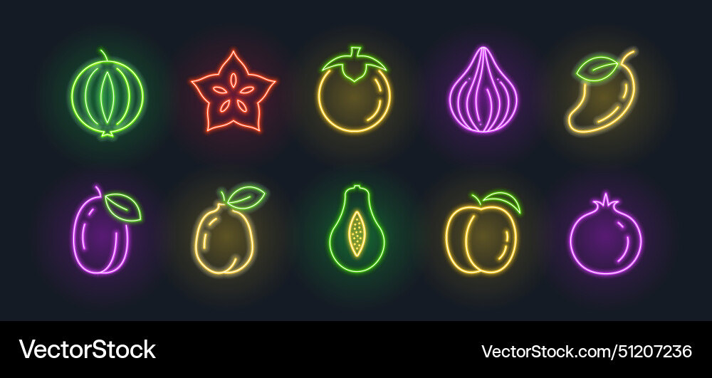 Neon fruit icon mango guava fig food Royalty Free Vector