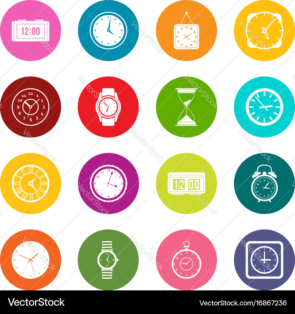 Time and clock icons many colors set Royalty Free Vector