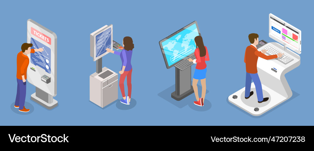 3d isometric flat set of ticket kiosks Royalty Free Vector