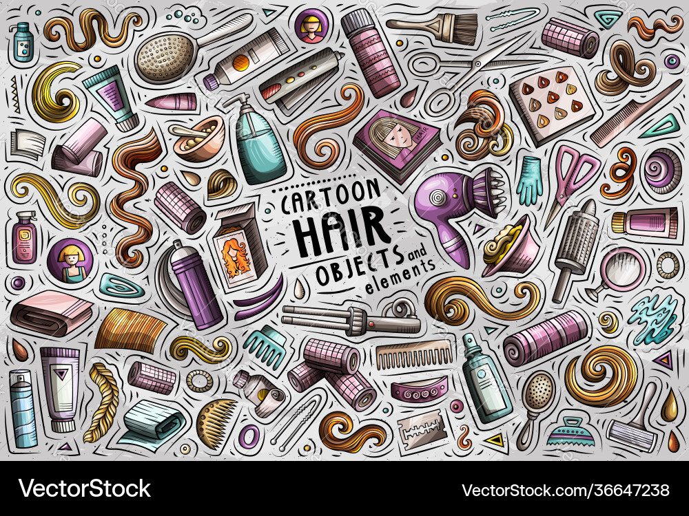 Doodle cartoon set hair salon objects Royalty Free Vector