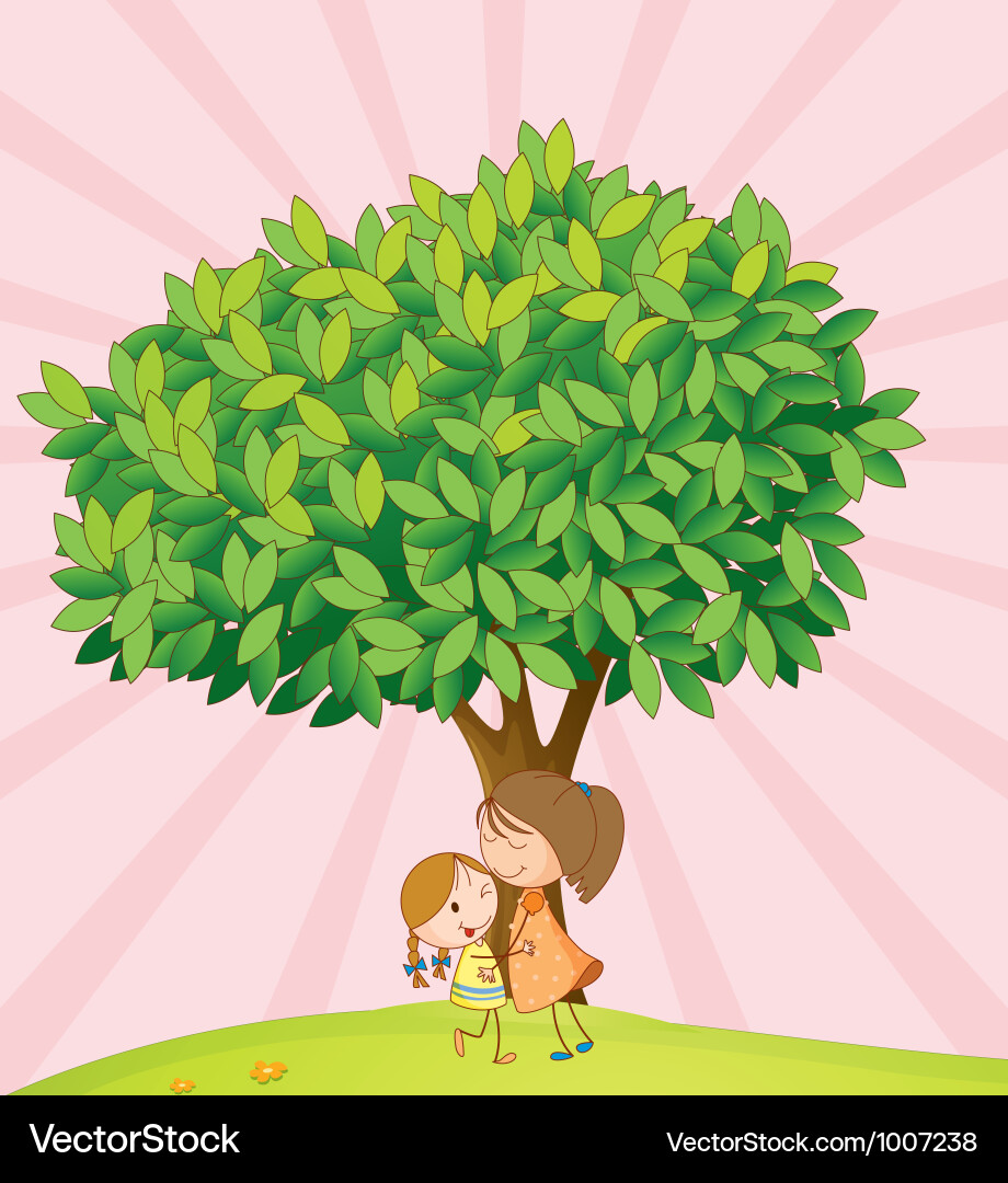 Kids playing under tree Royalty Free Vector Image